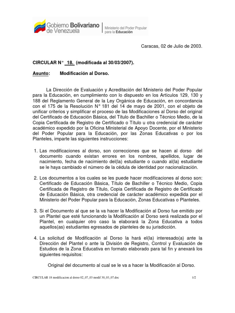 CIRCULAR 18 Modificacion Al Dorso 02-07-03 Modif 30-03-07 | PDF