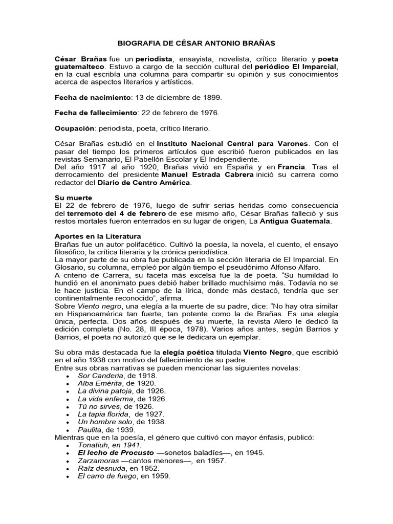 Biografia de César Antonio Brañas | PDF | Crítica literaria | Guatemala