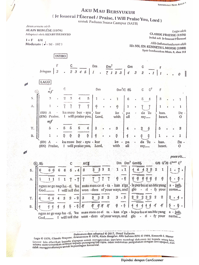 Partitur Aku Mau Bersyukur | PDF