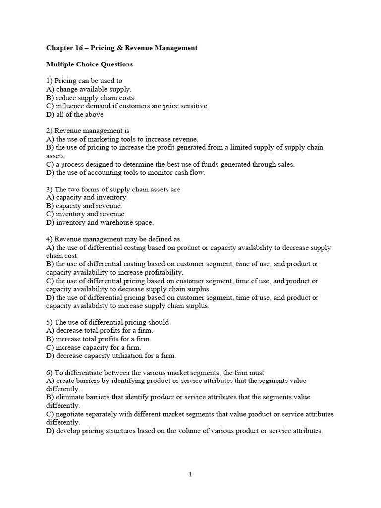 Chapter 16 - MCQ Pricing and Revenue Management | PDF | Business | Technology & Engineering