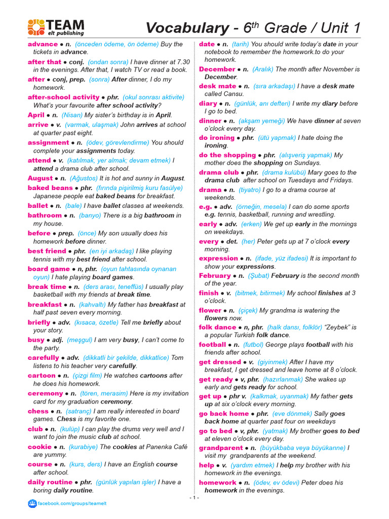 6C Vocabulary List Unit1 | PDF