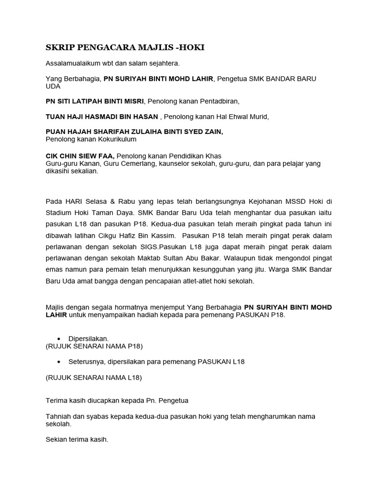 SKRIP PENGACARA MAJLIS Hoki 2023 | PDF