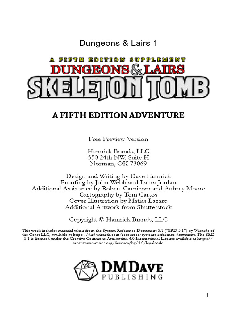 DMDave - Dungeons & Lairs 1 - Skeleton Tomb - Free Preview Version | PDF DMDave - Dungeons & Lairs 1 - Skeleton Tomb - Free Preview Version | PDF