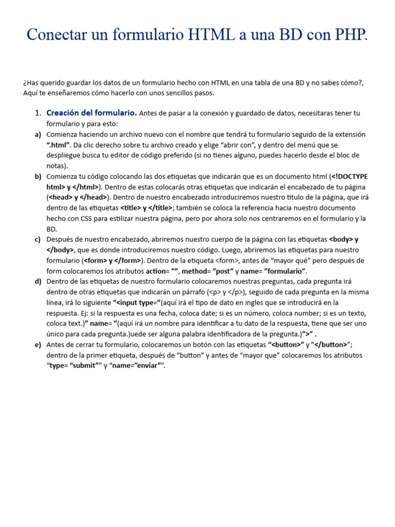 Conectar Un Formulario HTML A Una BD Con PHP | PDF