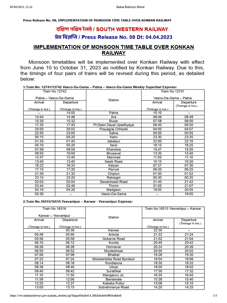 Monsoon Train Time Table 2023 by SWR | PDF