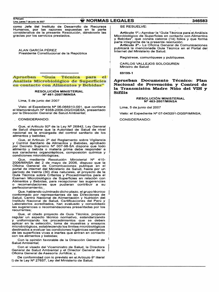 RM 461-2007 MINSA Superficies en Contacto Con Alimentos y Bebidas | PDF