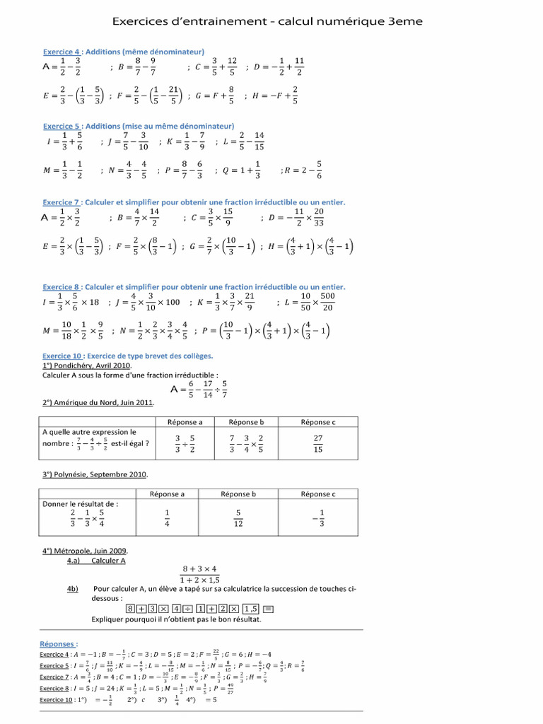 Exercices Chapitre Calcul Numérique 3eme | PDF