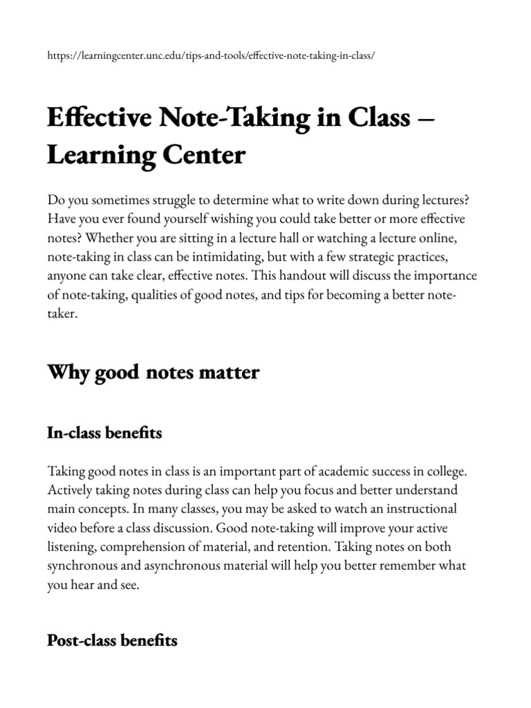 Effective Note-Taking in Class - Learning Center | PDF | Cognitive ...
