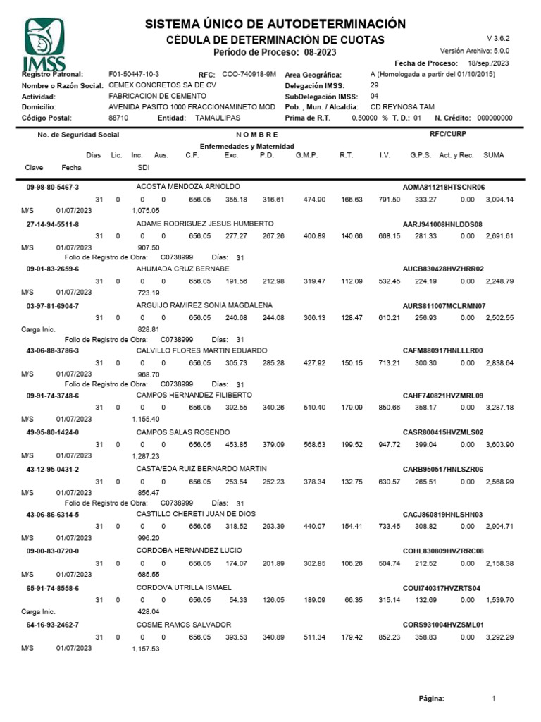 Cédula de Cuotas IMSS CEMEX 08-2023 | PDF
