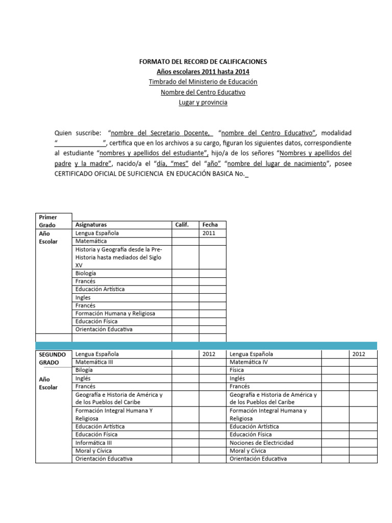 H9C5 Formato de Record de Notas Ordenanzas 3 99 A La 5 2010 Desde El ...