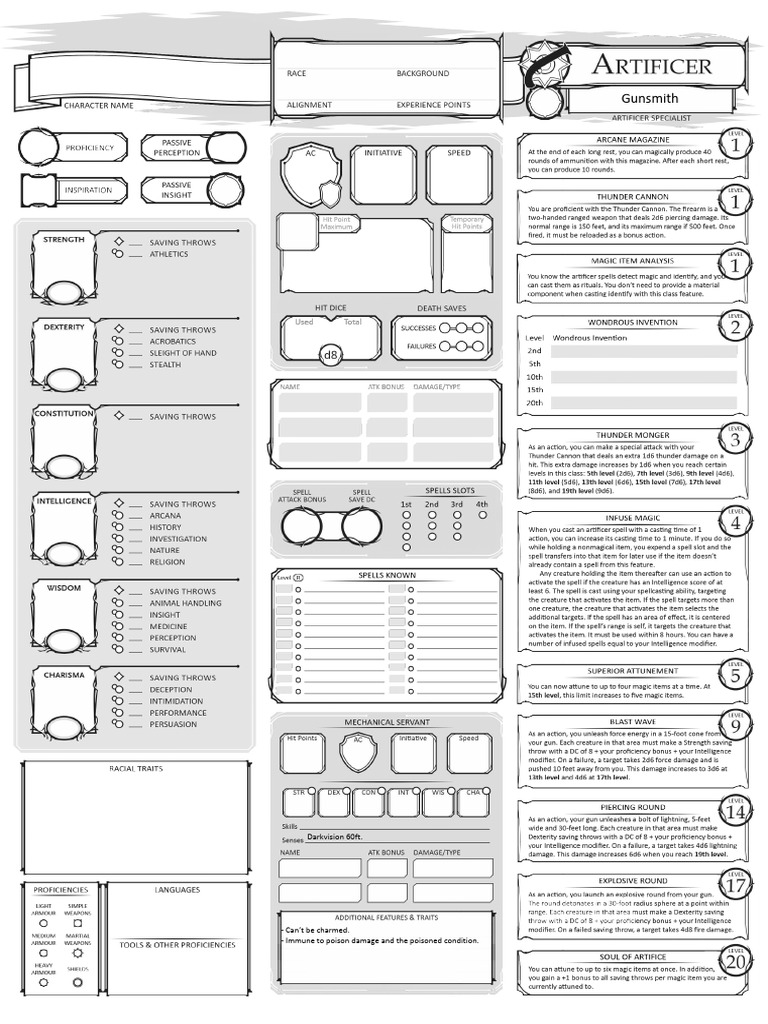 456029-Class Character Sheet Artificer-Gunsmith V1.1 Fillable | PDF