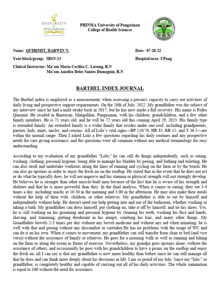 Barthel Index Assessment of Daily Living | PDF