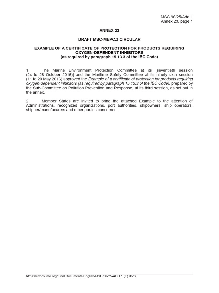 Example Certificate of Protection MSC MEPC.2 Circ.16 | PDF