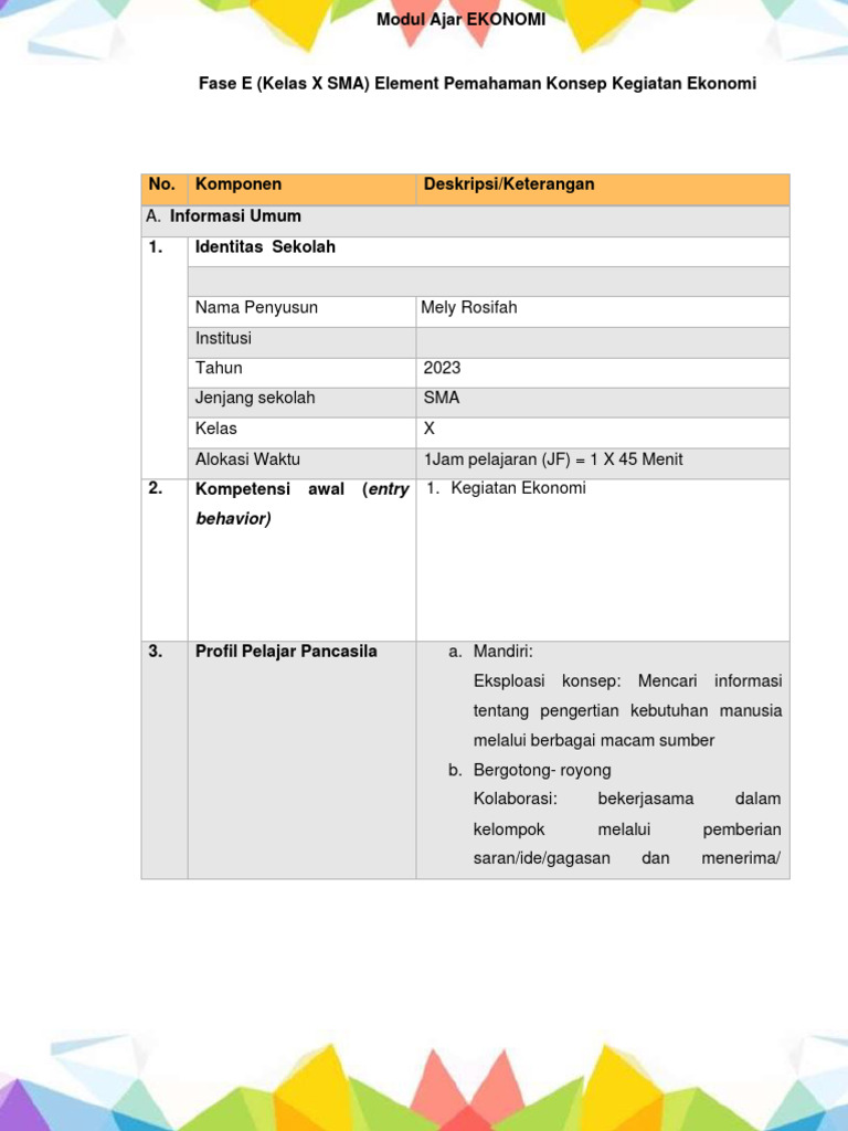 Modul Ajar Ekonomi Kelas X | PDF | Karier & Perkembangan | Seni