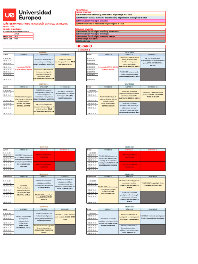 Horario Junio Pali05 | PDF | Sicología | Desensibilización y ...