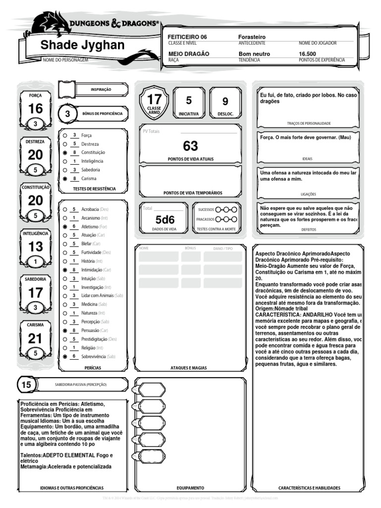 Ficha de Personagem D&D 5E Shade (Feiticeiro) | PDF