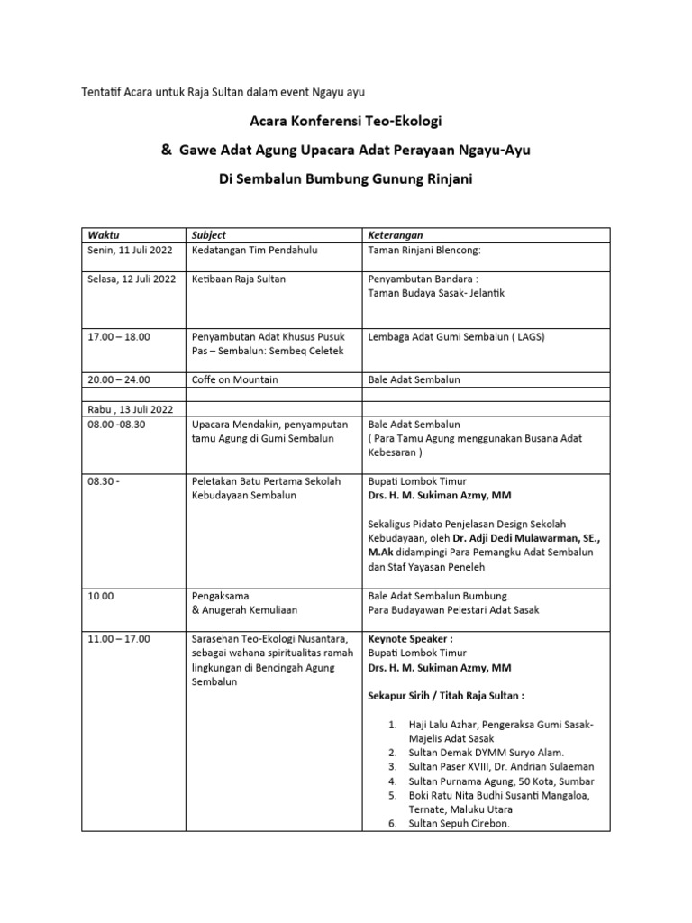 Tentatif Acara Untuk Raja Sultan Dalam Event Ngayu Ayu | PDF