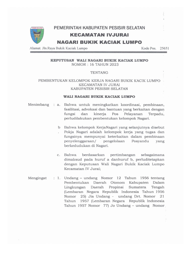 SK Pokja Nagari Bukik Kaciak Lumpo | PDF