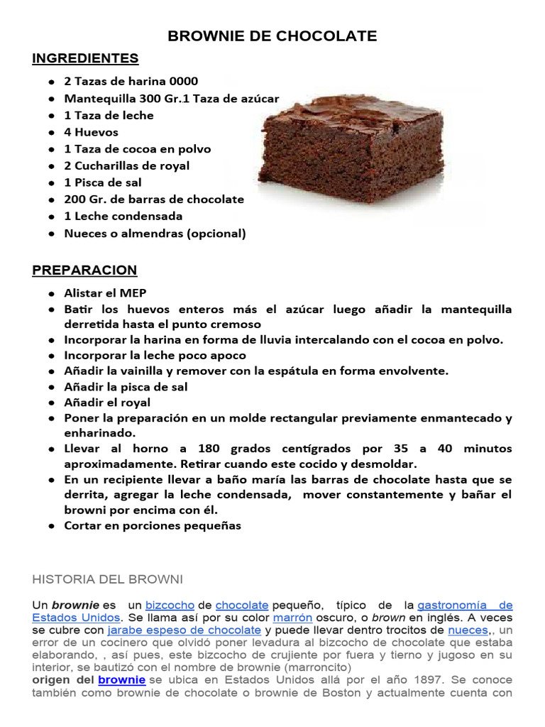 BROWNIE DE CHOCOLATE - Docx RECETA PRESUPUESTO | PDF