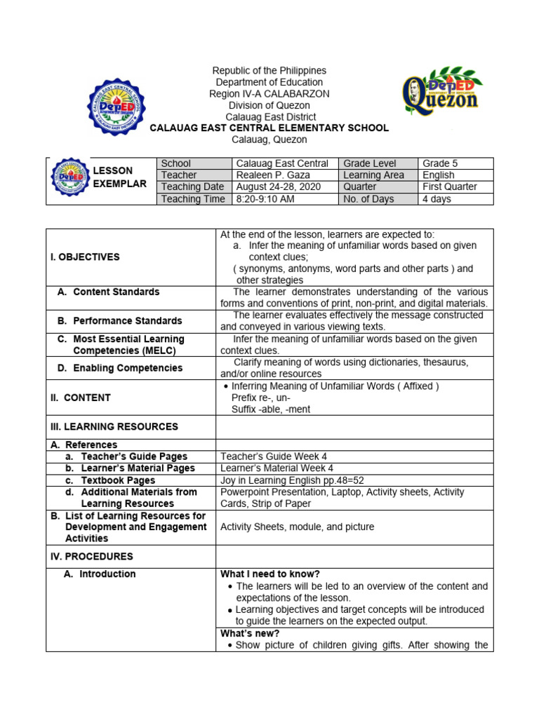 Lesson Exemplar English 5 | PDF