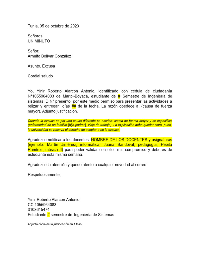 Modelo de Excusa | PDF