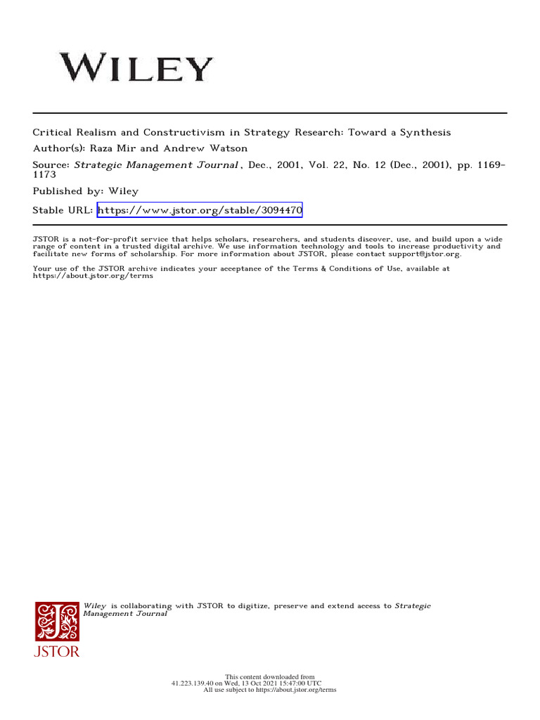 Critical Realism and Constructivism in Strategy Research | PDF