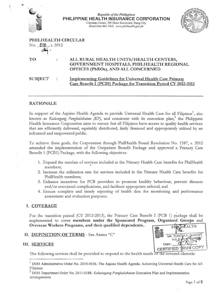 Implementing Guidelines For Universal Health Care Primary Care Benefit I | PDF | Physical ...