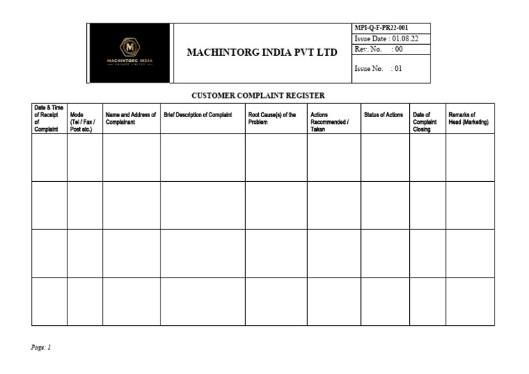 Customer Complaint Register Template | PDF