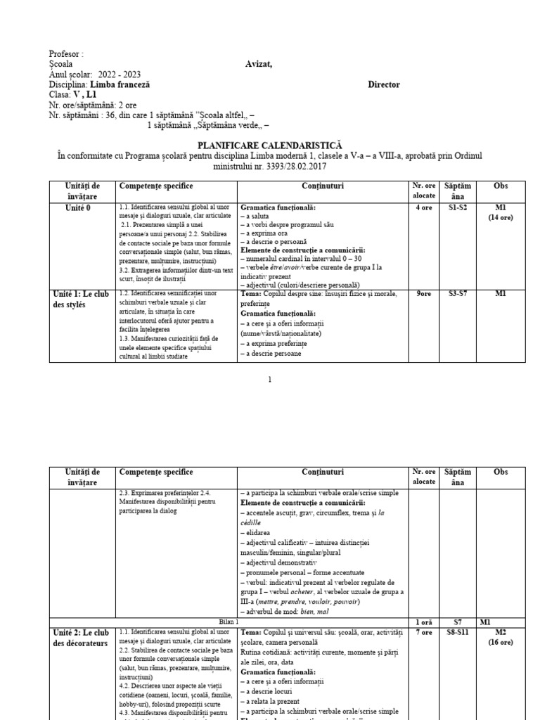 5 l1 Planificare Franceza | PDF