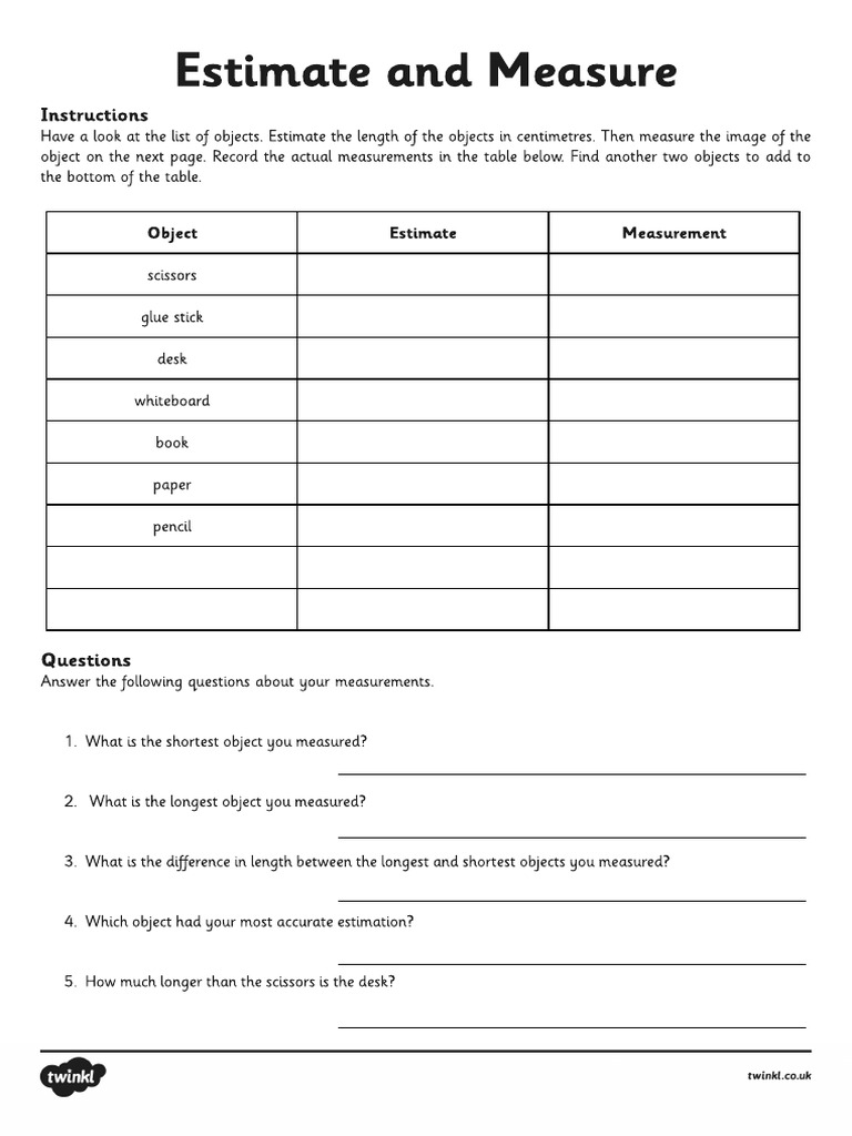 Worksheet (Estimate and Measure) | PDF