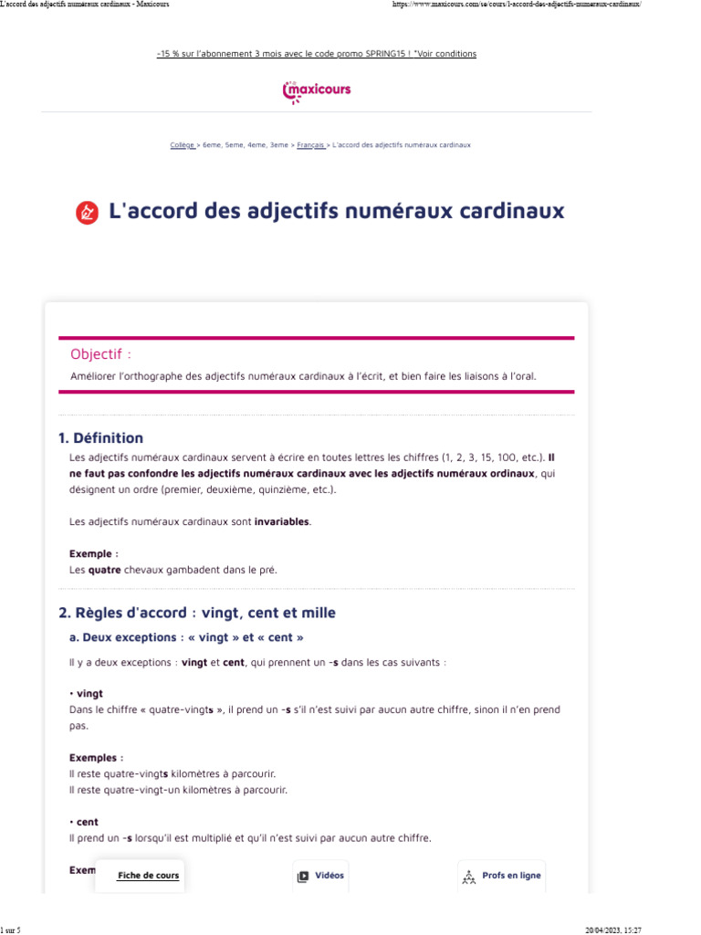 L'Accord Des Adjectifs Numéraux Cardinaux - Maxicours | PDF