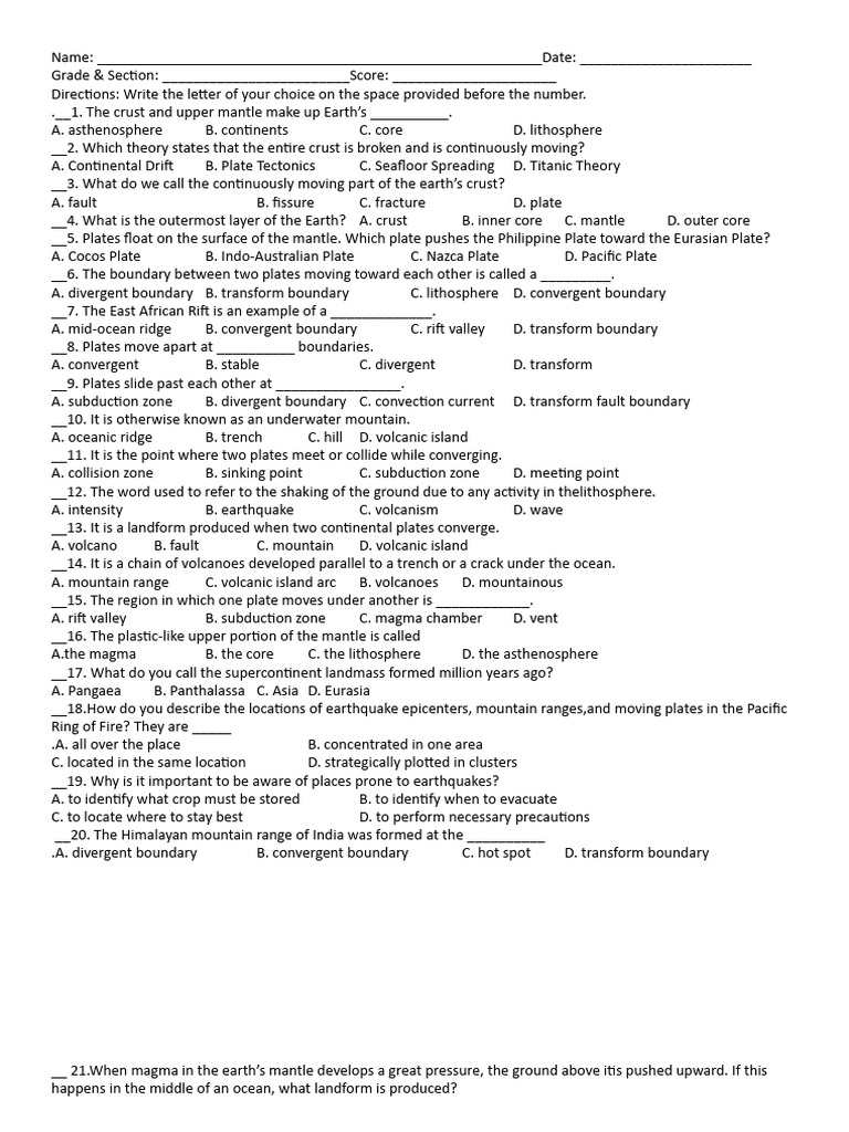 Earth Science Quiz: Plate Tectonics | PDF | Science & Mathematics