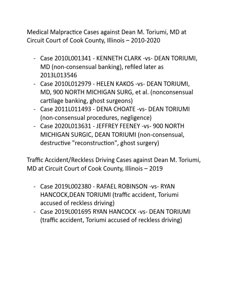 2010-2020 MedMal Cases Against Dr. Dean Toriumi Plus Traffic Accident | PDF