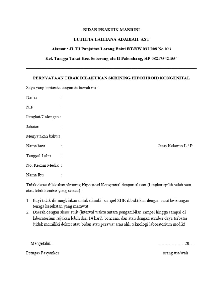 Pernyataan Tidak Dilakukan SHK | PDF