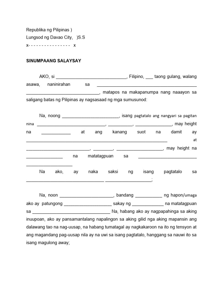 Sample Format of Sworn Statement (Narrative) | PDF