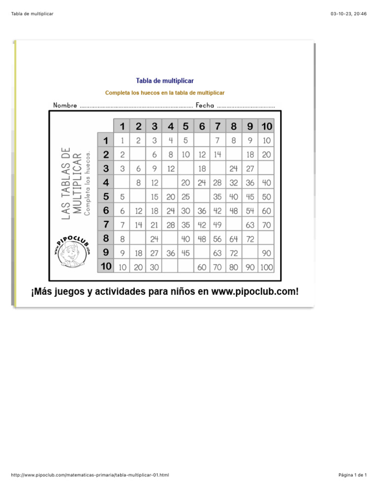 Completa la Tabla de Multiplicar | PDF