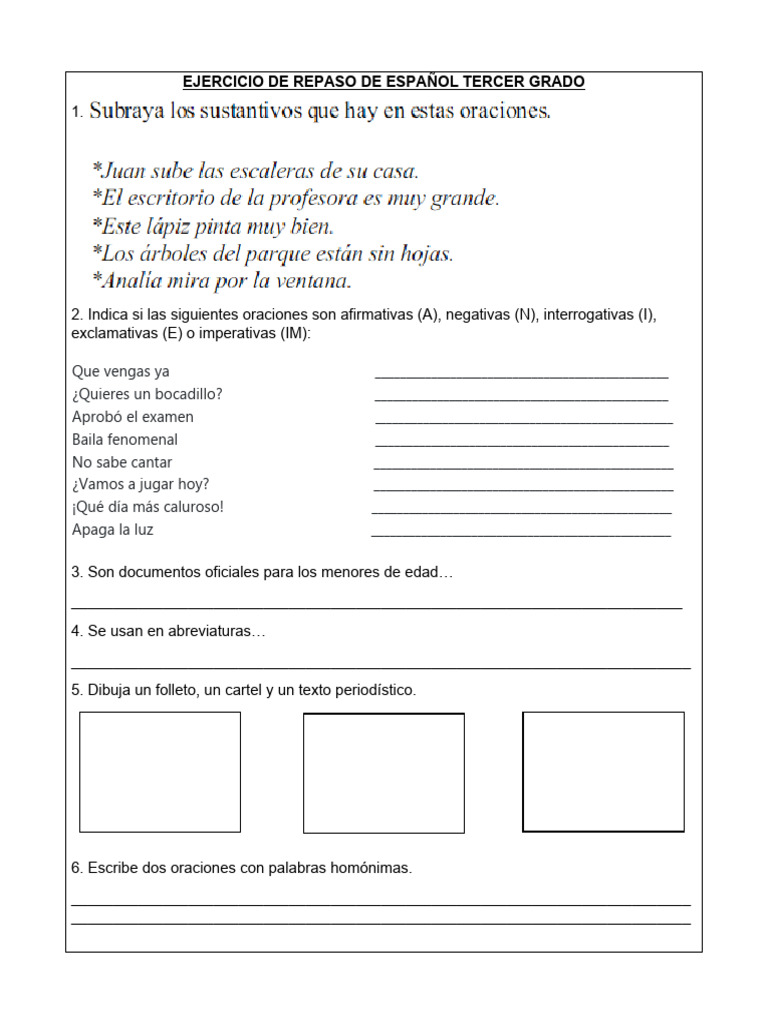 EJERCICIO DE REPASO DE ESPAÑOL TERCER GRADO | PDF | Asunto (gramática ...