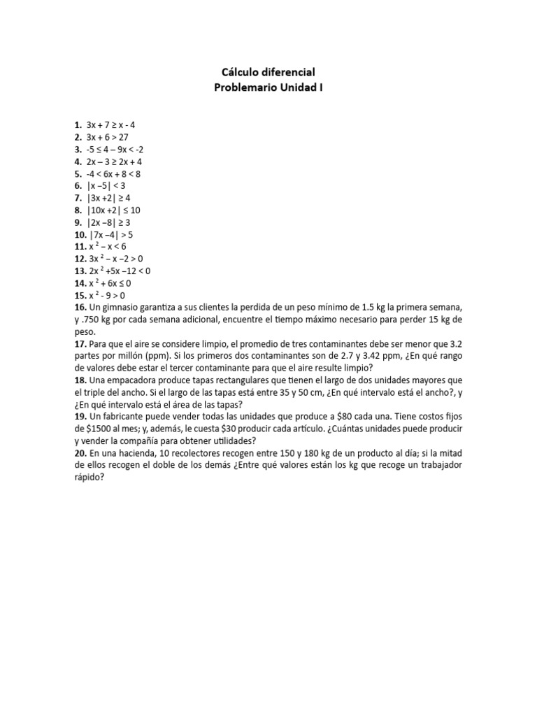 Problemario - Calculo Diferencial U1 | PDF | Métodos y materiales de enseñanza