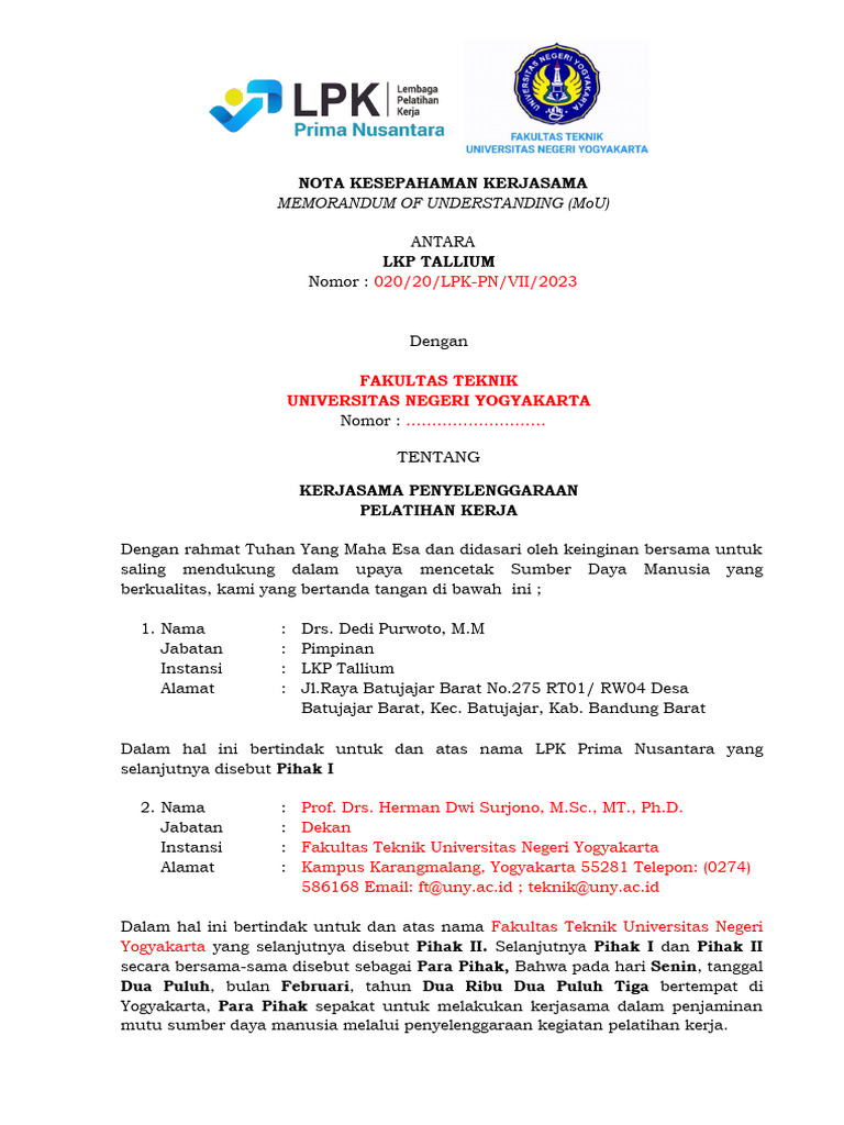 Draft MoU LPK Prima Nusantara & FT UNY 2023 | PDF