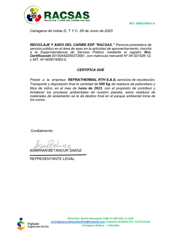 Certificado de Disposicion Final - Junio 2023 | PDF