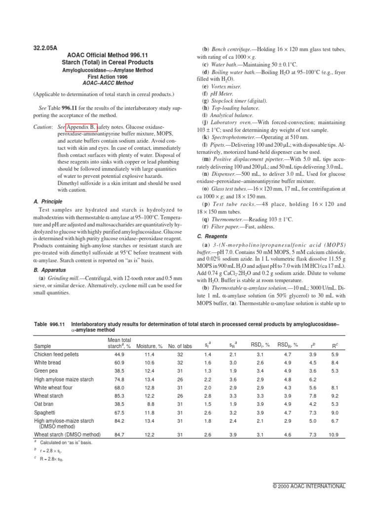 32.2.05A AOAC Official Method 996.11 Starch (Total) in Cereal Products | PDF