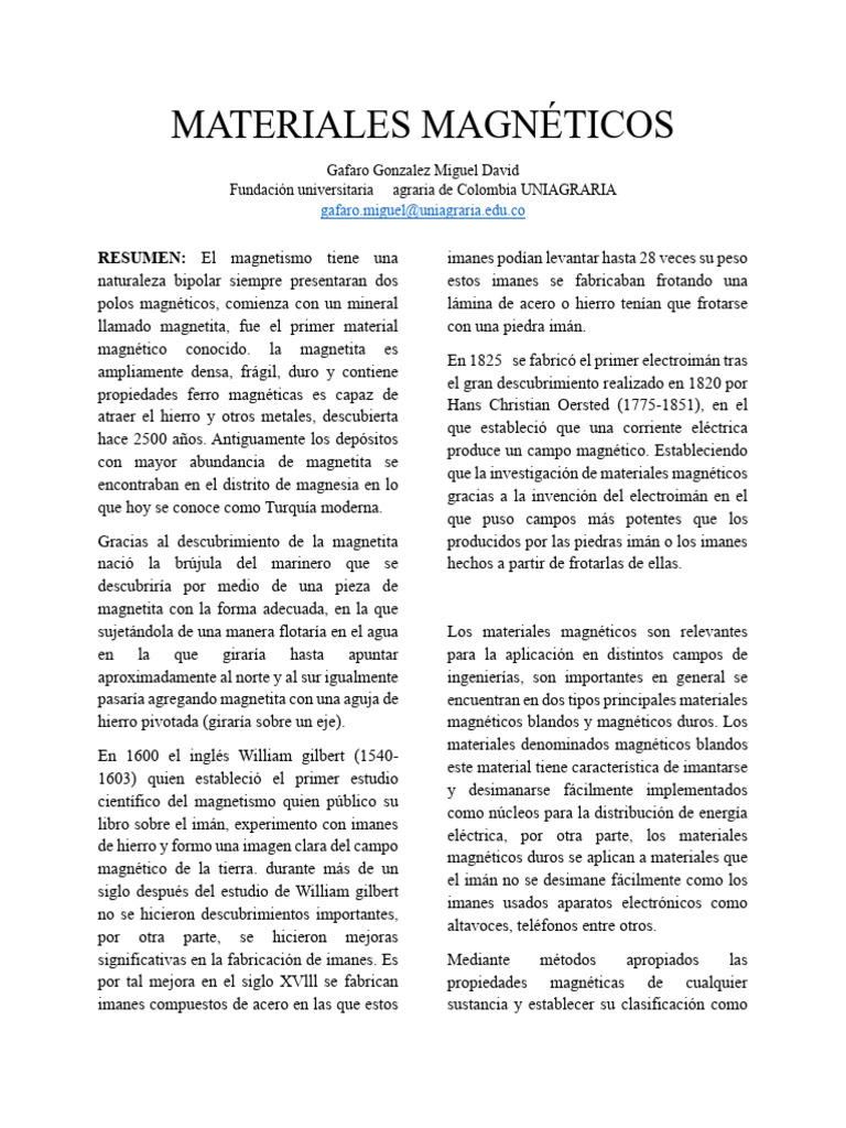 Resumen Materiales Magneticos | PDF | Imán | Campo magnético