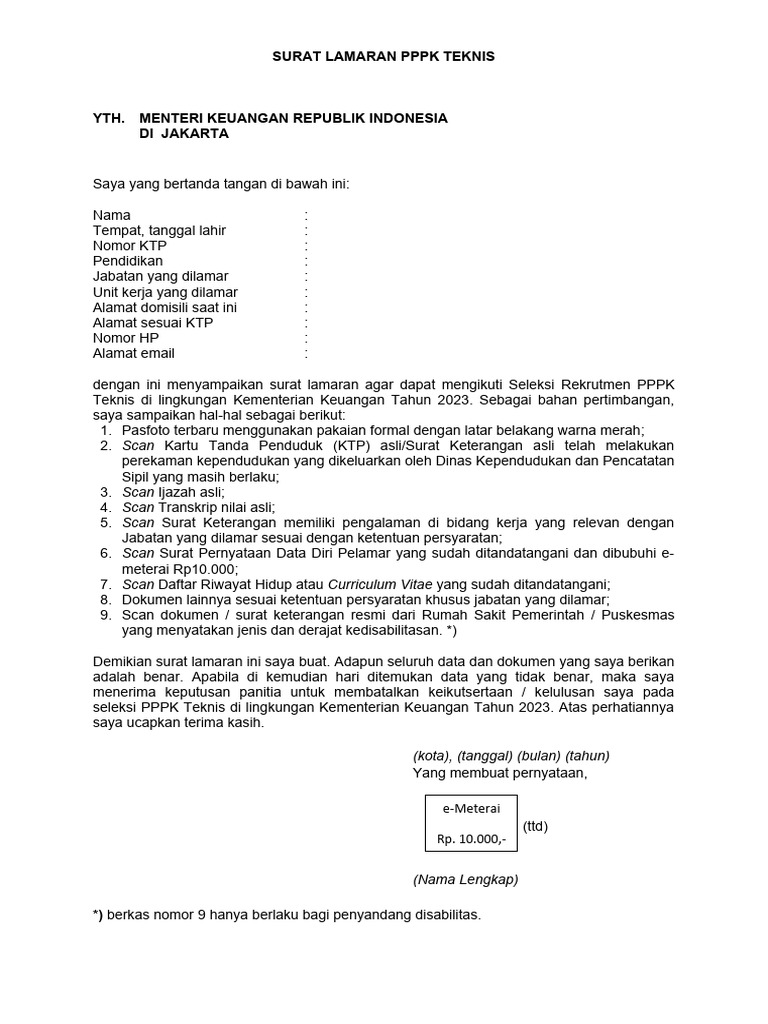Format Surat Lamaran PPPK Teknis Kemenkeu 2023 | PDF
