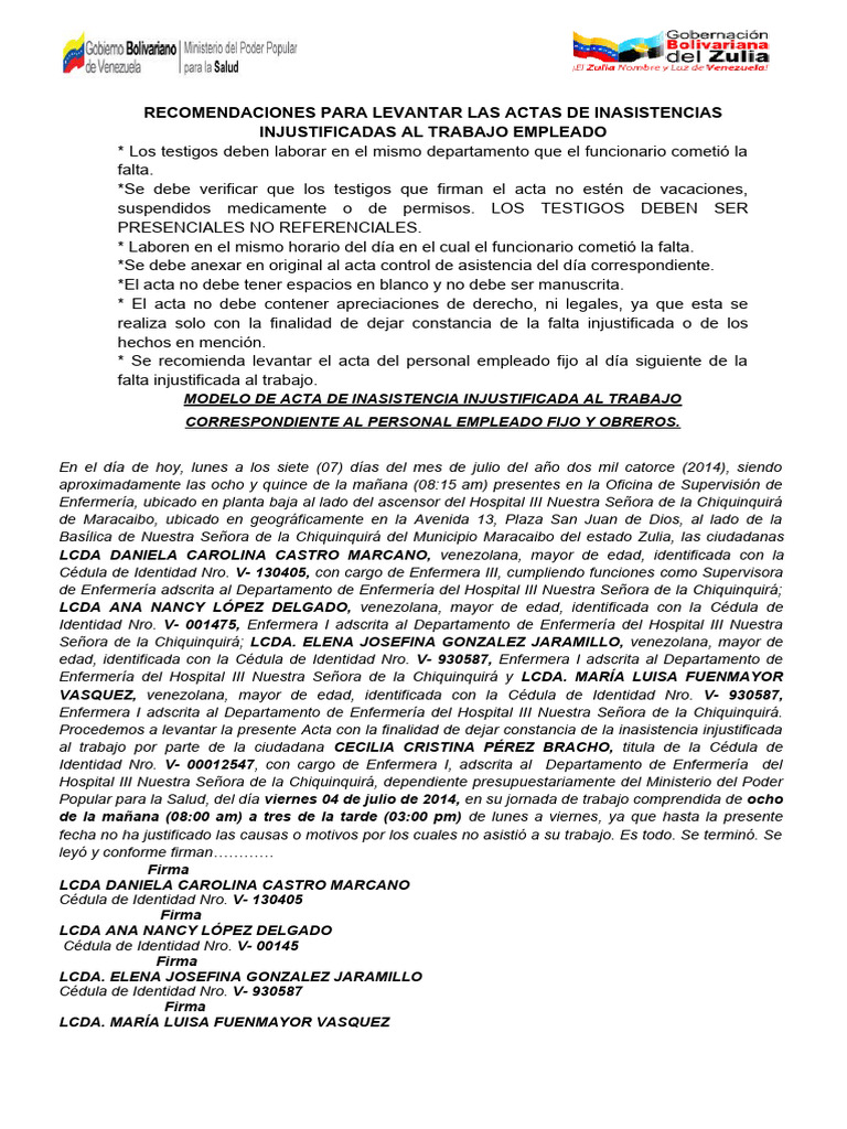 Modelos de Actas de Faltas Injustificadas, Abandono Laboral y ...