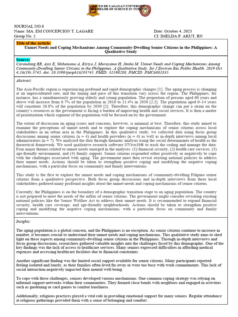 CHN RLE - Journal Reading - Unmet Needs and Coping Mechanisms Among ...