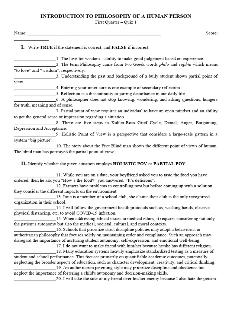 Intro To Philo - Quiz 1 | PDF