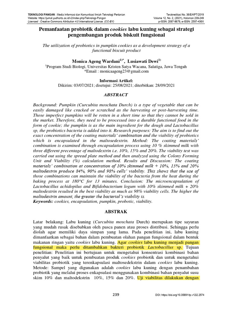 Pemanfaatan Probiotik Dalam Cookies Labu Kuning Sebagai Strategi | PDF