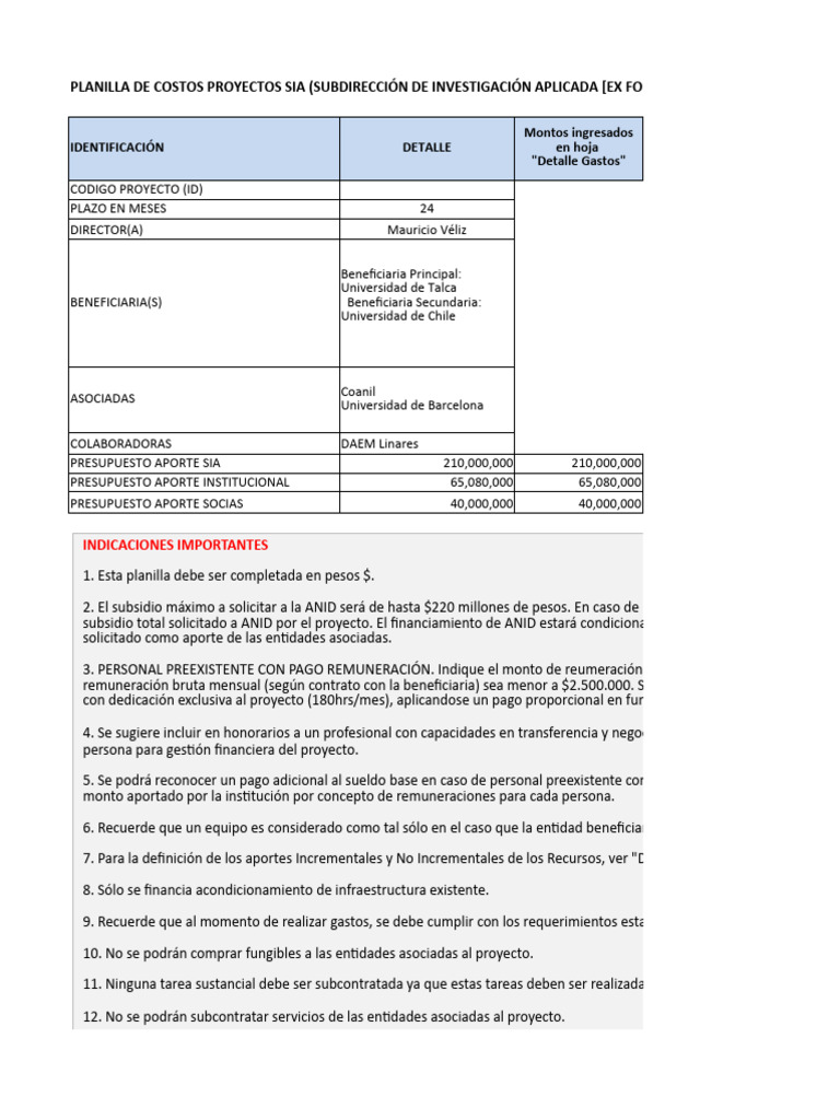 Planilla de Costos Proyectos SIA 2024 | PDF