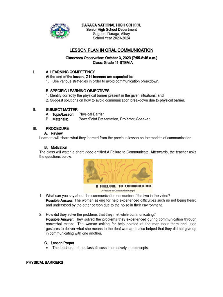 LESSON PLAN IN COMMUNICATION BREAKDOWN_COT1_2023 | PDF
