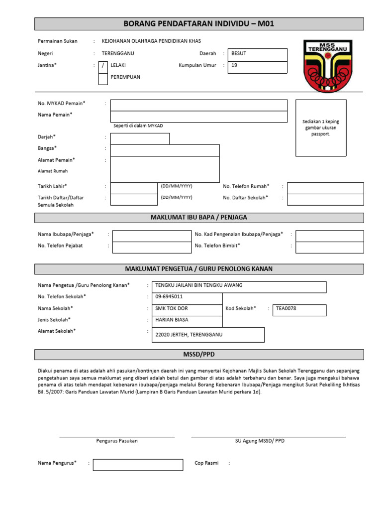 Borang Pendaftaran Individu - M01 SM Per - Negeri | PDF